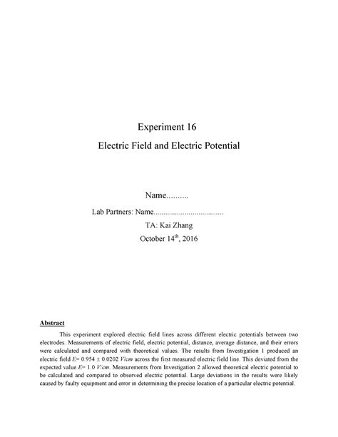 Experiment 16 Electric Field And Electric Potential Lab Report Experiment 16 Electric Field