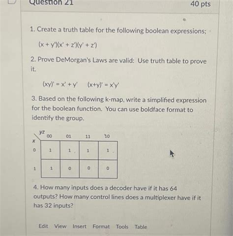 Solved 1 Create A Truth Table For The Following Boolean