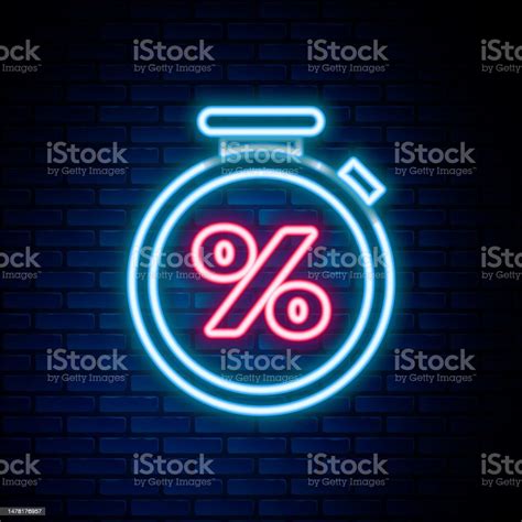 빛나는 네온 라인 스톱워치와 퍼센트 할인 아이콘은 벽돌 벽 배경에 격리되어 있습니다 시간 타이머 표시 다채로운 개요 개념입니다 벡터 0명에 대한 스톡 벡터 아트 및 기타