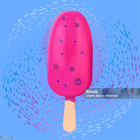 연한 파란색 배경에 열매가있는 베리 팝시클 나무 막대기에 핑크 과일 아이스크림 현실적인 벡터 일러스트레이션 전통적인 여름 단맛을 상쾌하게하는 3d 이미지 팝시클 3차원