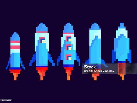 픽셀 우주선 아이콘 세트입니다 80년대 8비트 레트로 그래픽 스타일의 우주 로켓 픽셀 아트 스타일의 우주선 배너 모바일 응용 프로그램 및 인쇄 제품을 위한 디자인 벡터