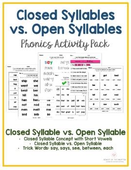 Closed Syllables Vs Open Syllables Phonics Worksheets Set 9 Tpt