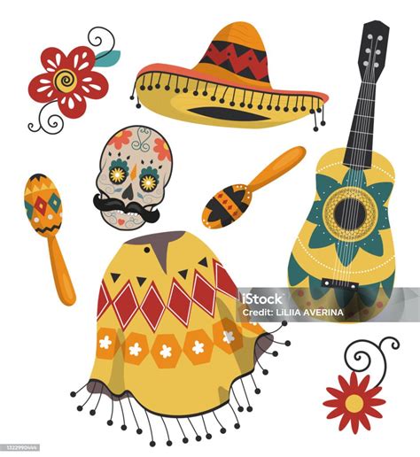 멕시코 악기 국가 판초 두개골과 모자 다양한 패턴과 색상이 있는 국색 용품 흰색 배경의 격리된 디자인 요소입니다 Eps10 0