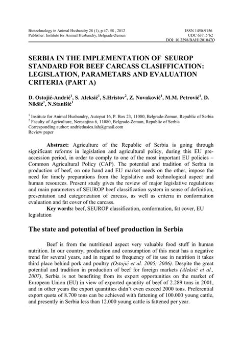 Pdf Serbia In The Implementation Of Seurop Standard For Beef Carcass