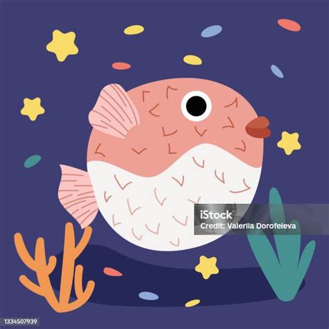 가시가 있는 분홍색 둥근 고슴도치 물고기 바늘이 있는 물고기 산호와 조류에 바다 거주자와 물고기 벡터 플랫 일러스트레이션 아이들을 가르치고 교육한다 복어류에 대한 스톡 벡터