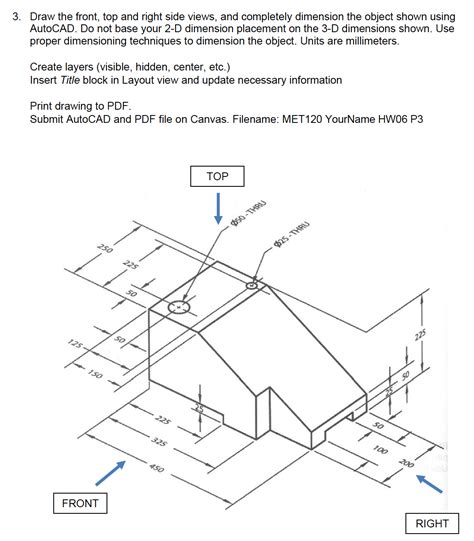 Solved Draw The Front Top And Right Side Views And