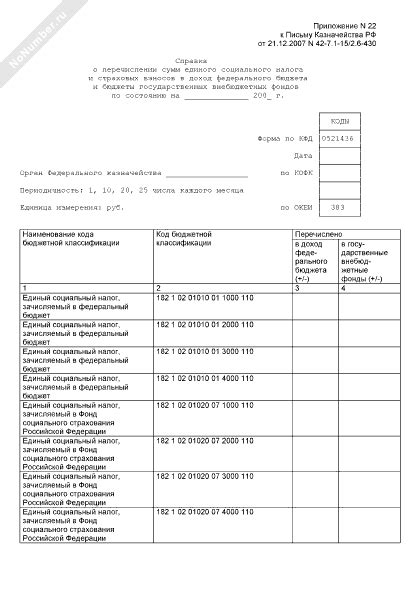 Справка о перечислении сумм единого социального налога и страховых взносов в доход федерального