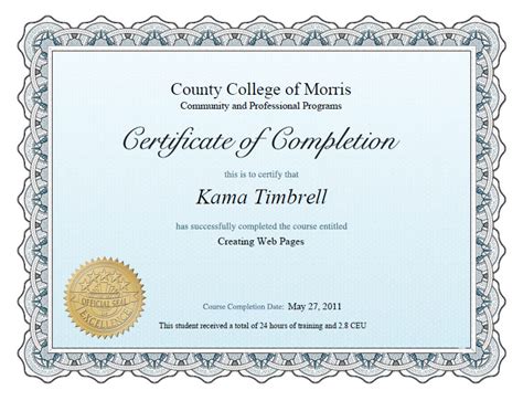 Completion Certificate Creating Web Pages County College Of Morris Kamatimbrell 1 Kama