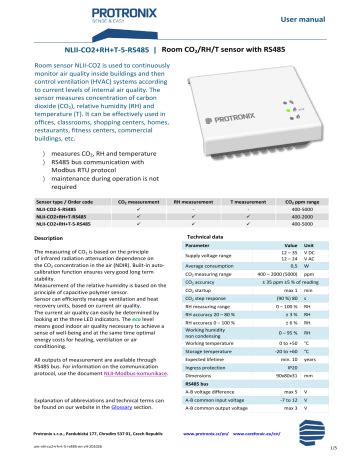 PROTRONIX NLII CO2 RH T 5 RS485 Room Sensor User Manual Manualzz