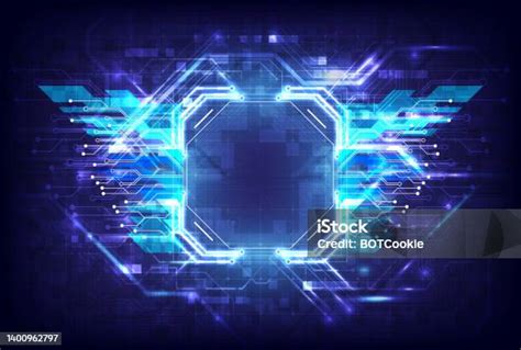 추상적인 하드웨어 및 소프트웨어 배경 회로 기판 칩 프로세서 메인 보드 및 코드 프로그래머 하이테크 컴퓨터 엔지니어 픽셀 화면 및 데이터베이스 코딩 블루 윙스 네온 조명