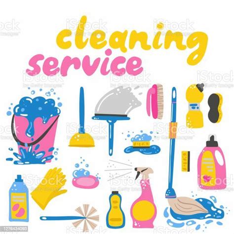 청소 서비스 물 설설 및 가정용 화학 물질 스프레이 및 비누를위한 스폰지 물걸이와 양동이를 설정 용품 손으로 그린 만화 밝은 다채로운 벡터 일러스트와 문자 가사 집안일에