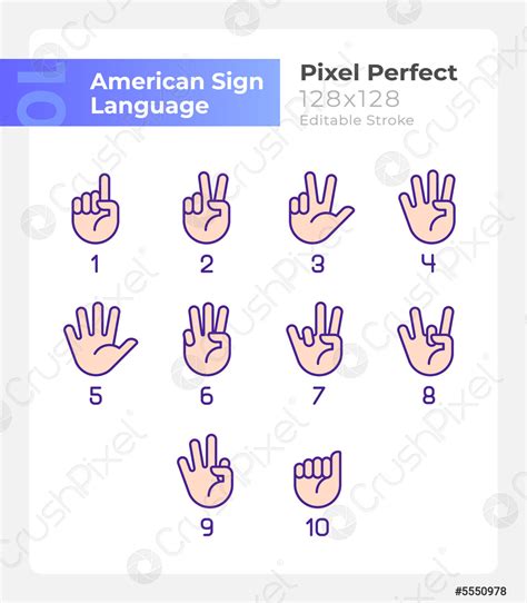 Digits In American Sign Language Pixel Perfect Rgb Color Icons Stock