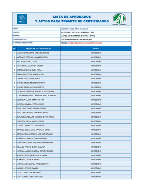 Lista De Aptos Excel Nivel Avanzado Pdf Servicios Financieros Bancario