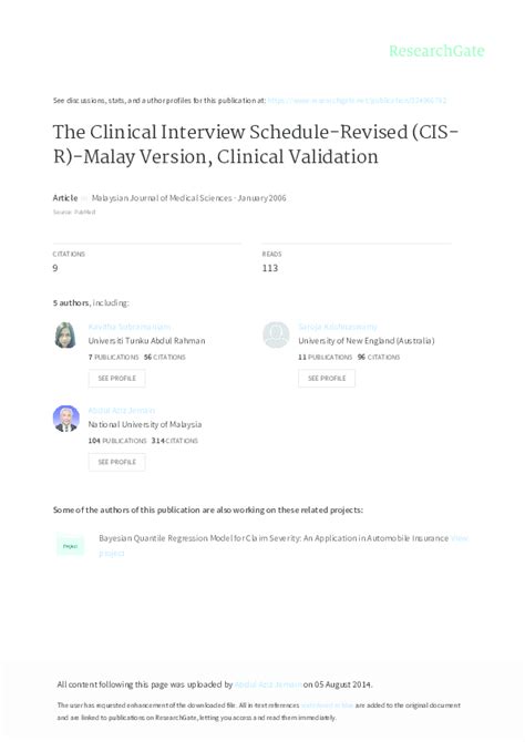 Pdf The Clinical Interview Schedule Revised Cis R Malay Version Clinical Validation