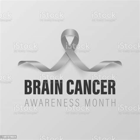 브린 암 배너 카드 회색 배경에 벡터 3d 사실적인 회색 리본이 있는 플래카드 뇌암 인식의 달 기호 클로즈업 5월 세계 뇌암의 날 개념 0명에 대한 스톡 벡터 아트 및 기타