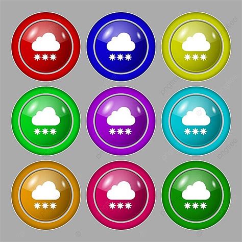 Vector Illustration Of Nine Round Colorful Buttons Featuring Snow Cloud Icon Symbol Vector