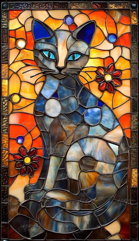 Cat Stained Glass Printable Wall Art Blue And Orange Colors Faceted
