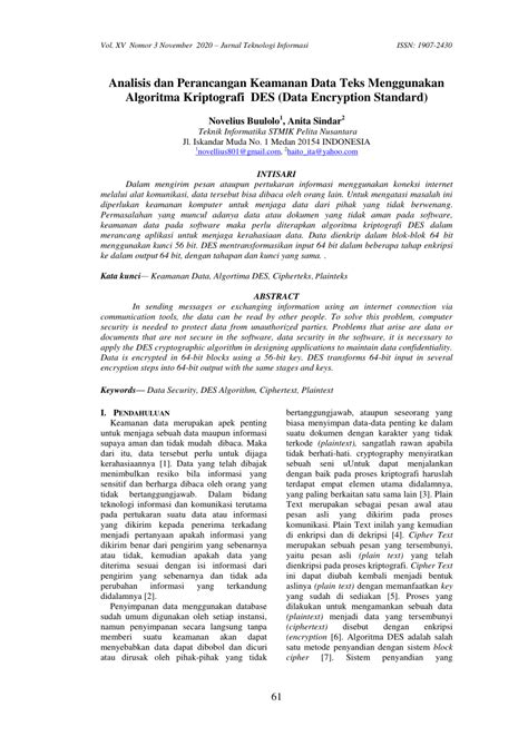 Pdf Analisis Dan Perancangan Keamanan Data Teks Menggunakan Algoritma Kriptografi Des Data