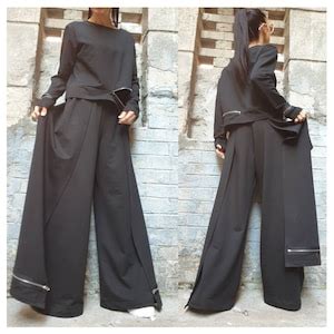 New Collection Asymmetric Set Outwear Pants Blouse Set Extravagant Black Set Zipper Cotton Set