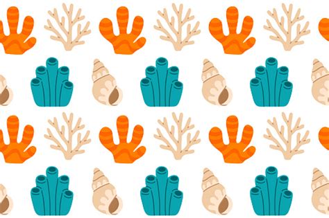 흰색 배경에 산호 조개껍데기 튜브 스폰지가 있는 다채로운 수중 패턴으로 바다를 테마로 한 직물 및 디자인에 이상적입니다 0명에 대한 스톡 벡터 아트 및 기타 이미지 Istock