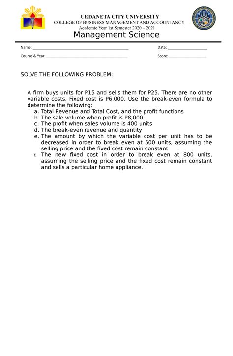 Break Even Point Analysis Urdaneta City University College Of