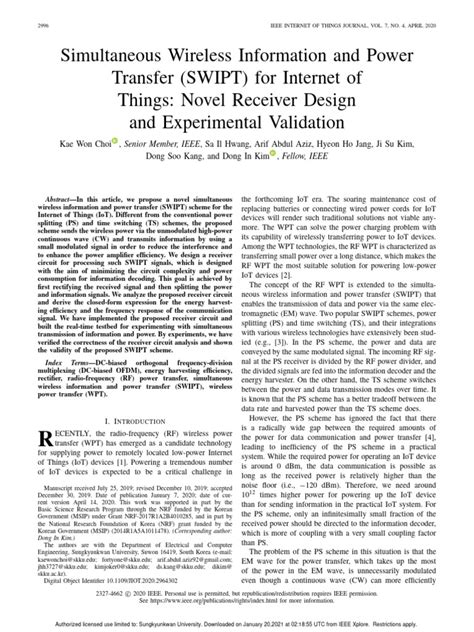 Simultaneous Wireless Information And Power Transfer Swipt For Internet