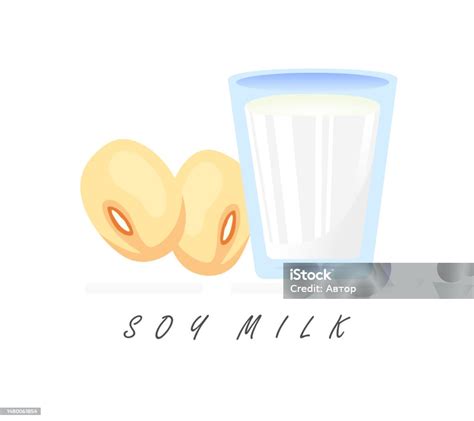 현실적인 만화 식물 콩 우유 배너입니다 다채로운 두유 벡터 그림입니다 우유와 콩 한 잔의 아이콘은 하얀 배경에 분리되어 있다 개체 그룹에 대한 스톡 벡터 아트 및 기타