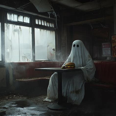 Hauntingly Hilarious Ghost Enjoying A Burger In An Abandoned Caf