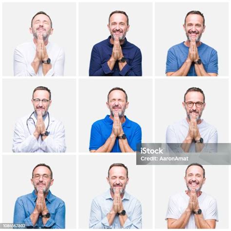 백색 격리 된 배경 함께 자신감 웃 고 용 서를 요구 하는 손으로 기도 위에 수석 노인의 우아한 남자 콜라주 구도에 대한 스톡 사진 및 기타 이미지 Istock