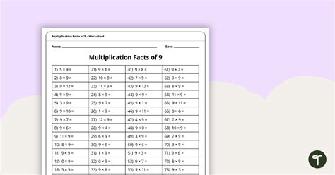 9 Times Table And Division Facts Worksheet