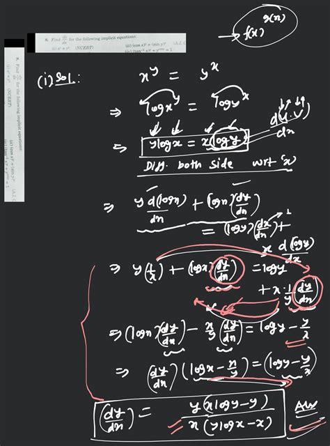 find dxdy for the following implicit equations i xy yx ncert ii