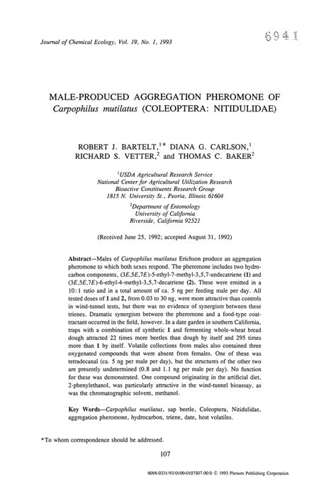 Pdf Male Produced Aggregation Pheromone Ofcarpophilus Mutilatus