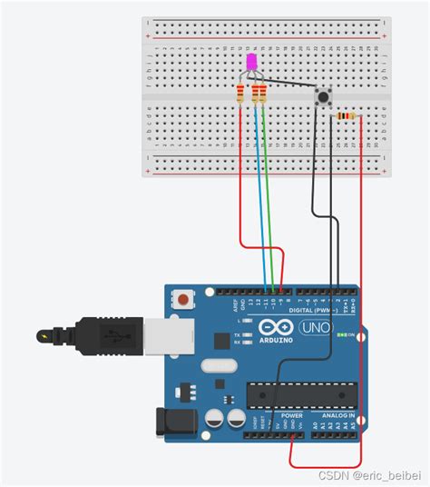 Arduino开关控制rgb三色小灯程序，按一下亮一个颜色，松开熄灭，三种不同颜色，程序代码，以及连线图。arduino控制三色led灯闪烁