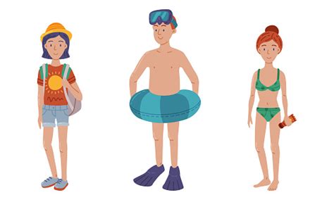 여름 방학 세트를 가진 사람들 배낭을 들고 서 있는 소녀 수영복 만화 벡터 일러스트에서 소년과 소녀 개체 그룹에 대한 스톡 벡터