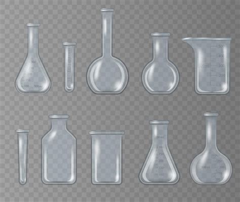 현실적인 실험실 비커 유리 플라스크 및 기타 화학 용기 프리미엄 벡터