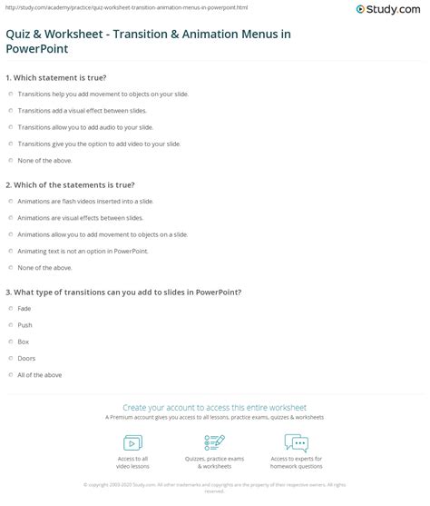 Quiz And Worksheet Transition And Animation Menus In Powerpoint