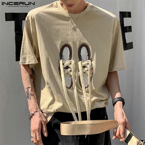 [เคลียร์สต๊อกขาย] Incerun เสื้อยืดพิมพ์ลายถักสำหรับผู้ชาย เสื้อยืดลำลองแนวสตรีทเสื้อเสื้อแขนสั้น