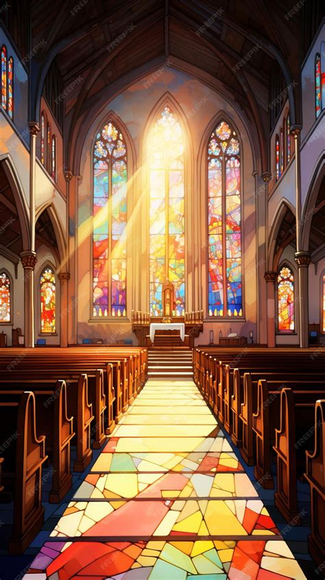 The Sun Shines Through The Stained Glass Windows Of A Church Premium Ai Generated Image