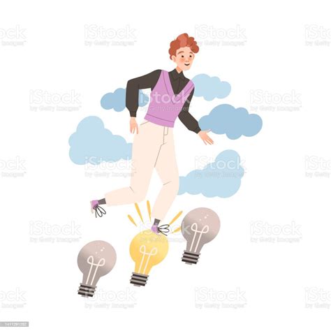똑똑한 아이디어와 해결책으로 전구를 밟고 하늘을 오르는 남자 벡터 일러스트 레이 션 개발에 대한 스톡 벡터 아트 및 기타 이미지