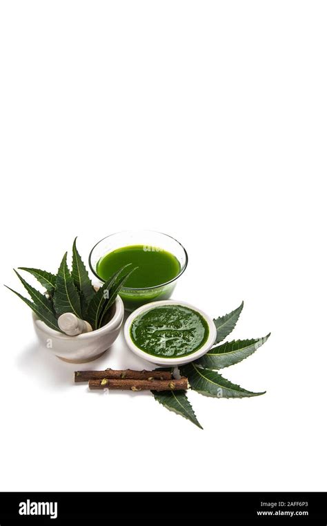Medicinal Neem Leaves In Mortar And Pestle With Neem Paste Juice And