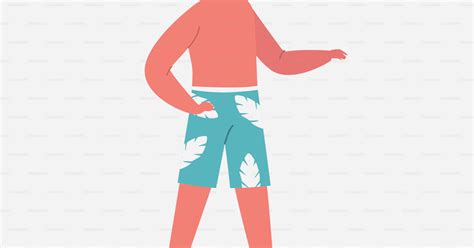 젊은 남성 캐릭터는 벌거벗은 몸통이 있는 수영 반바지를 입고 해변에 서 있고 여름 휴가에 남자 리조트 여름 여행 휴일 야외 레크리에이션 및 물놀이를 하고 있습니다