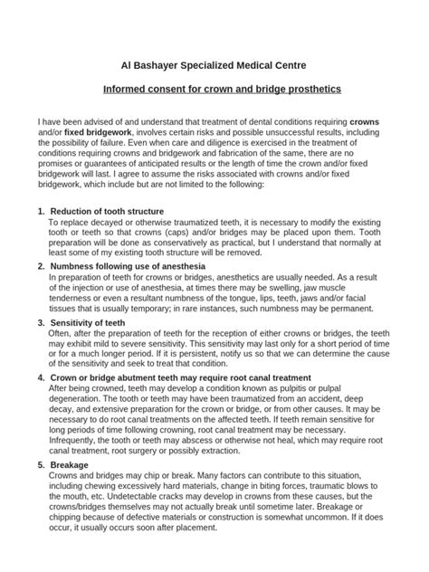 Consent Crown Bridge Prosthetics Pdf Tooth Medical Specialties