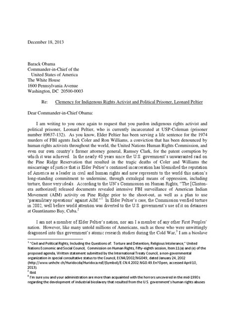 Leonard Peltier Clemency Support Letter To Barack Obama Government