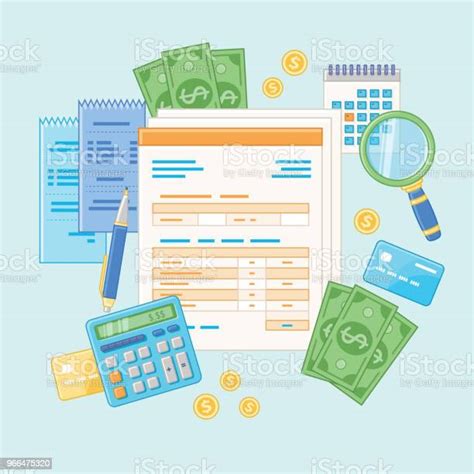회계 개념입니다 세금 지불 및 송장 재무 분석 분석 계획 통계 연구 문서 양식 계산기 검사 돋보기 현금 신용 카드 에 선 스타일입니다 개념에 대한 스톡 벡터 아트 및 기타
