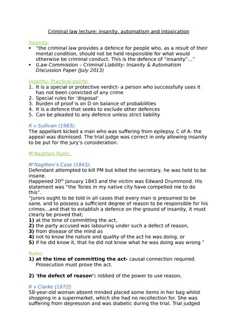 insanity automatism and intoxication criminal law lecture insanity