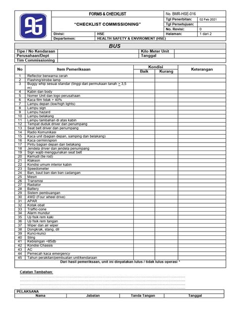 Bmr Hse 016 Checklist Commissioning Bus 21 Pdf