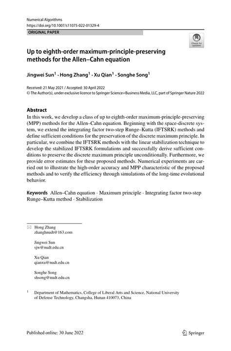 Pdf Up To Eighth Order Maximum Principle Preserving Methods For The Allen Cahn Equation