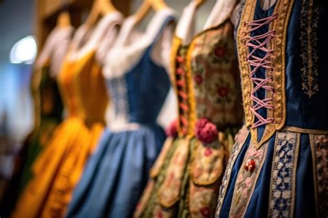 A Close Up Photo Of A Group Of Traditional Oktoberfest Dirndl Dresses