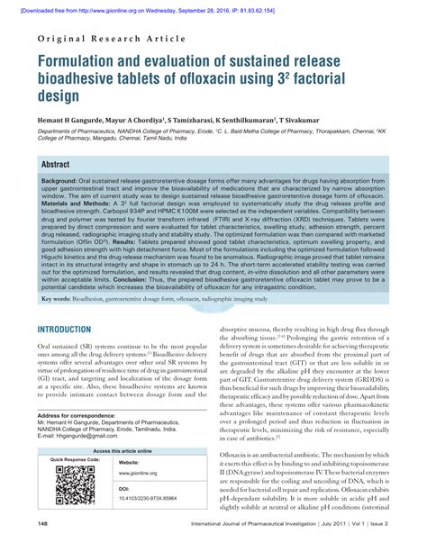 Pdf Formulation And Evaluation Of Sustained Release Bioadhesive Tablets Of Ofloxacin Using 32