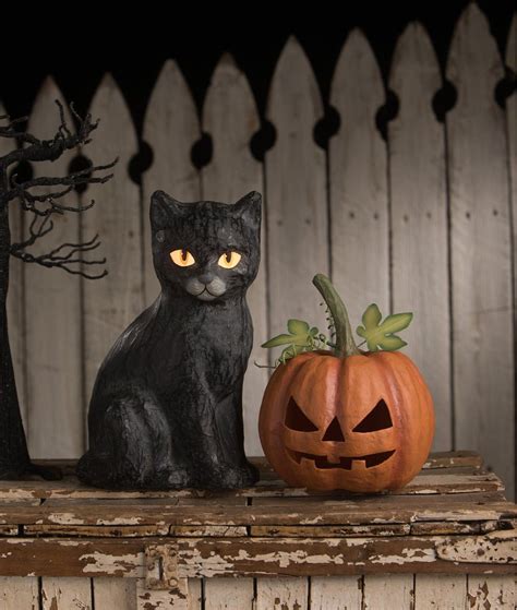 Black Cat Jack Olantern With Pumpkin Head Paper Mache Bethany Lowe